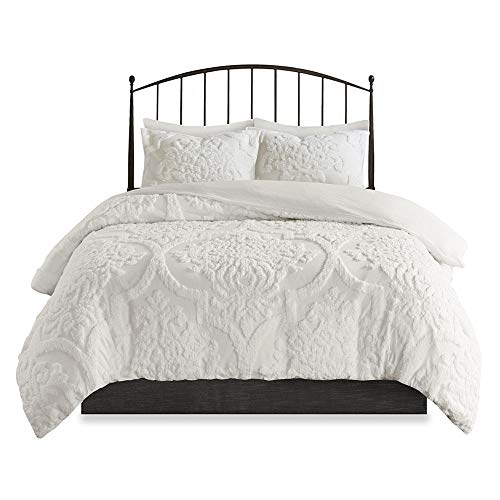 Madison Park Tufted Chenille Cotton Comforter, All Season Bedding Set, Matching Shams, Viola, Damask Off White Full/Queen(90"x90") 3 Piece