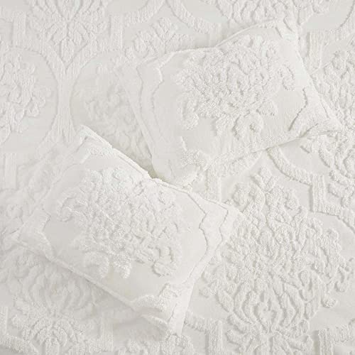 Madison Park Tufted Chenille Cotton Comforter, All Season Bedding Set, Matching Shams, Viola, Damask Off White Full/Queen(90"x90") 3 Piece