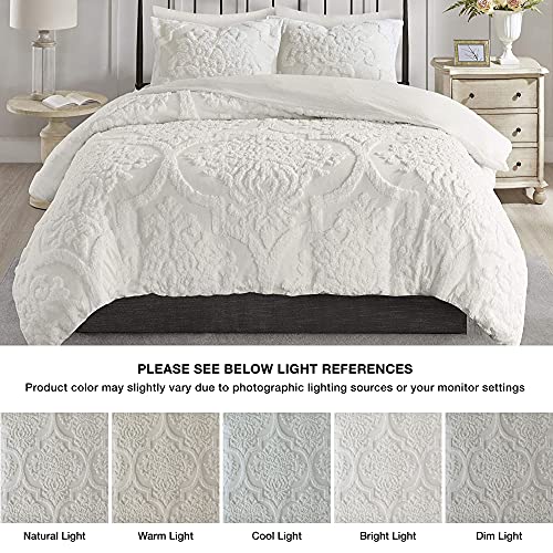 Madison Park Tufted Chenille Cotton Comforter, All Season Bedding Set, Matching Shams, Viola, Damask Off White Full/Queen(90"x90") 3 Piece