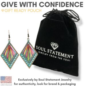 Soul Statement Women's Western Rainbow Thread Geometric Boho Dangle Festival Earrings - Unique Bronze & Teal Threader Bohemian Summer Jewelry for Women (Rainbow Thread)