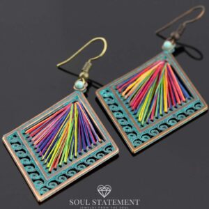 Soul Statement Women's Western Rainbow Thread Geometric Boho Dangle Festival Earrings - Unique Bronze & Teal Threader Bohemian Summer Jewelry for Women (Rainbow Thread)