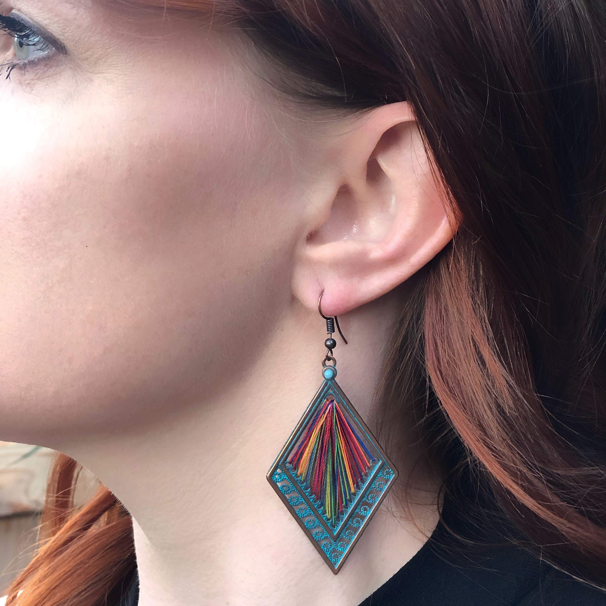 Soul Statement Women's Western Rainbow Thread Geometric Boho Dangle Festival Earrings - Unique Bronze & Teal Threader Bohemian Summer Jewelry for Women (Rainbow Thread)