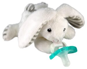 razbaby jollypop pacifier, holder w/detachable baby pacifier, stuffed animal razbuddy, all ages 0m+, 100% medical grade usa made silicone pacifier, machine washable, easy to hold – bunny