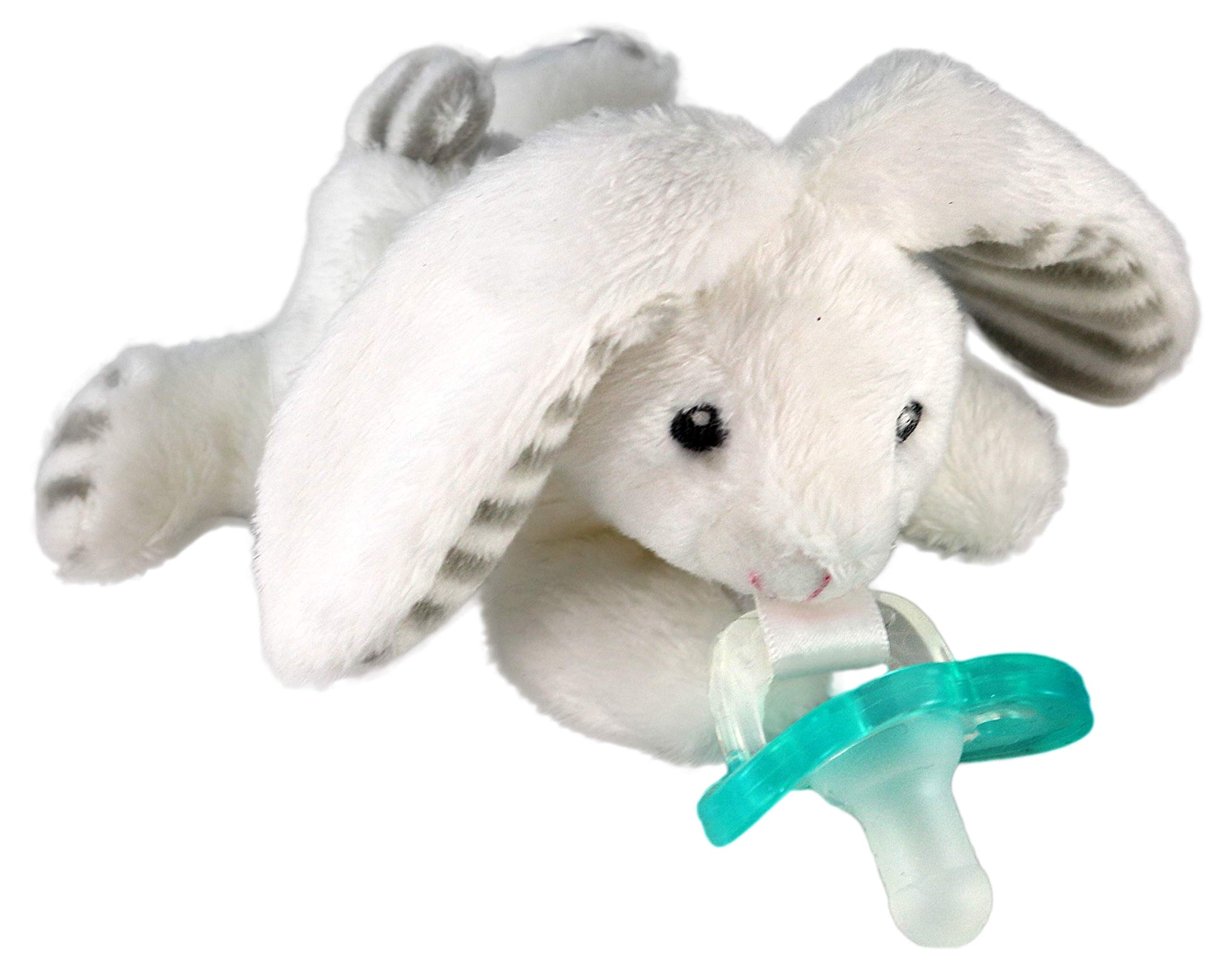 RaZbaby JollyPop Pacifier, Holder w/Detachable Baby Pacifier, Stuffed Animal RaZbuddy, All Ages 0M+, 100% Medical Grade USA Made Silicone Pacifier, Machine Washable, Easy to Hold – Bunny