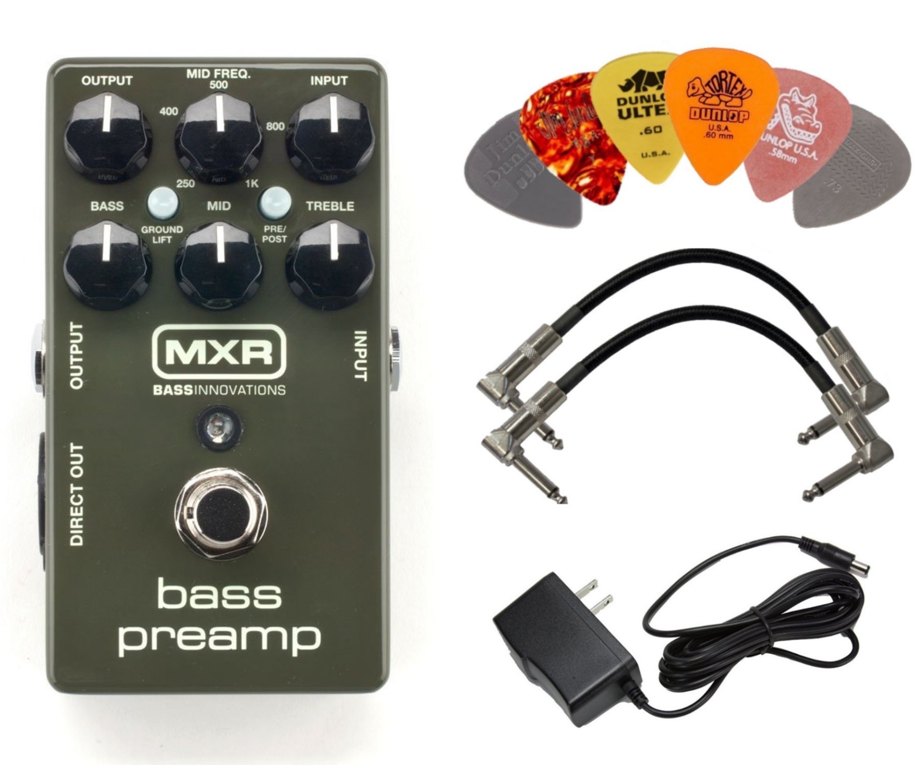 MXR M81 Bass Preamp Pedal Bundle with 9V Power Supply, 2 Patch Cables and 6 Dunlop Picks