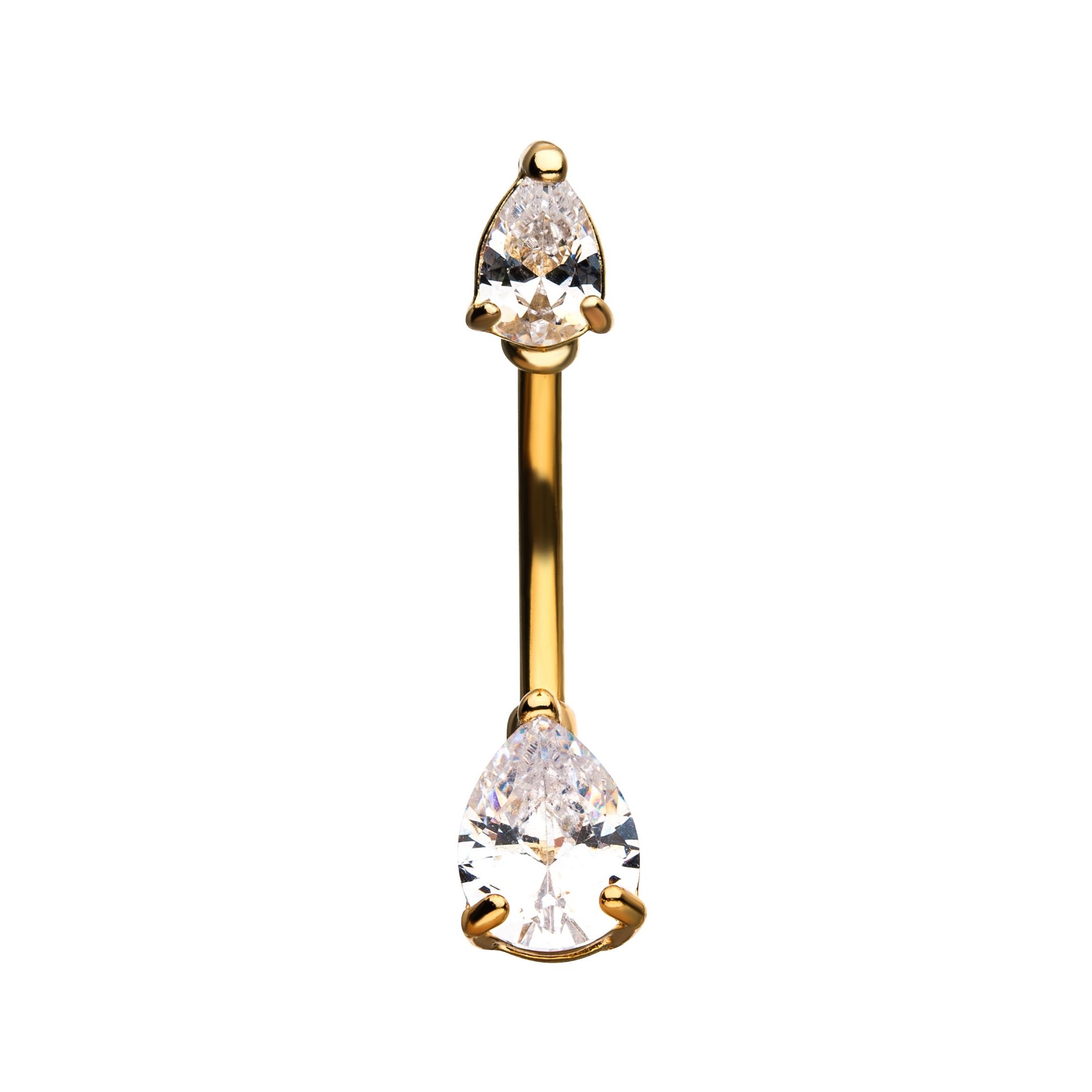 Pierced Owl Double Gem Teardrop Prong-Set CZ Crystal Belly Button Ring (Gold Tone)