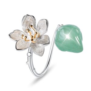 lotus fun s925 sterling silver flower rings lotus whispers open ring handmade natural jewelry unique gifts for women and girls (green)