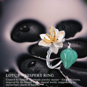 Lotus Fun S925 Sterling Silver Flower Rings Lotus Whispers Open Ring Handmade Natural Jewelry Unique Gifts for Women and Girls (Green)