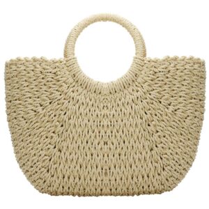 straw bags for women, hand-woven straw large hobo bag round handle ring toto retro summer beach bag (beige)