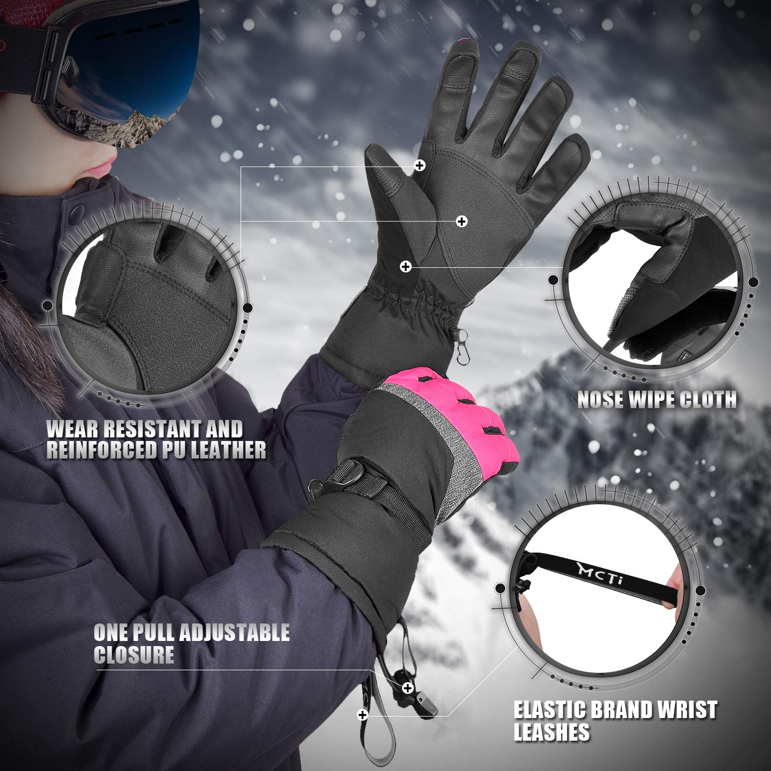 MCTi Ski Gloves,Winter Waterproof Snowboard Snow 3M Thinsulate Warm Touchscreen Cold Weather Women Gloves Wrist Leashes Rose Red Small