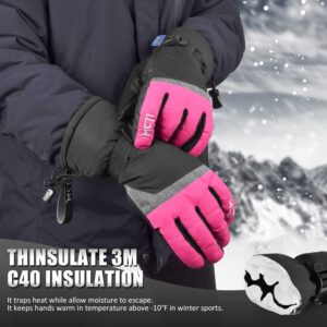 MCTi Ski Gloves,Winter Waterproof Snowboard Snow 3M Thinsulate Warm Touchscreen Cold Weather Women Gloves Wrist Leashes Rose Red Small