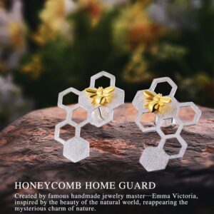 Lotus Fun 14K Yellow Gold Plated S925 Sterling Silver Bee Stud Earrings Bee Honeycomb Home Guard Dangle Earrings Stud, Handmade Unique Jewelry for Women