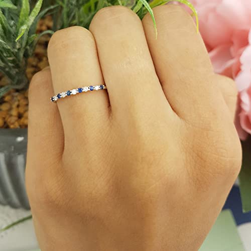 Dazzlingrock Collection 1.5 MM Round Blue Sapphire & White Diamond Alternating Beautiful Dainty Stackable Wedding Band For Women | 10K White Gold, Size 9.5