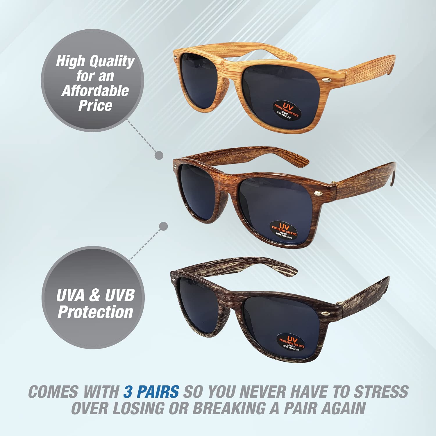 RAY SOLÉE Sunglasses for Men, Women & Kids 3 Pack of Tinted Lenses with UVA & UVB Protection (Light Woodgrain,Woodgrain,Dark Woodgrain, Black)