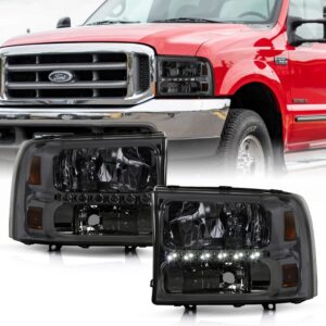 acanii - for smoke len 1999-2004 ford f250 f350 f450 superduty led headlights 99-04 headlamps driver + passenger side