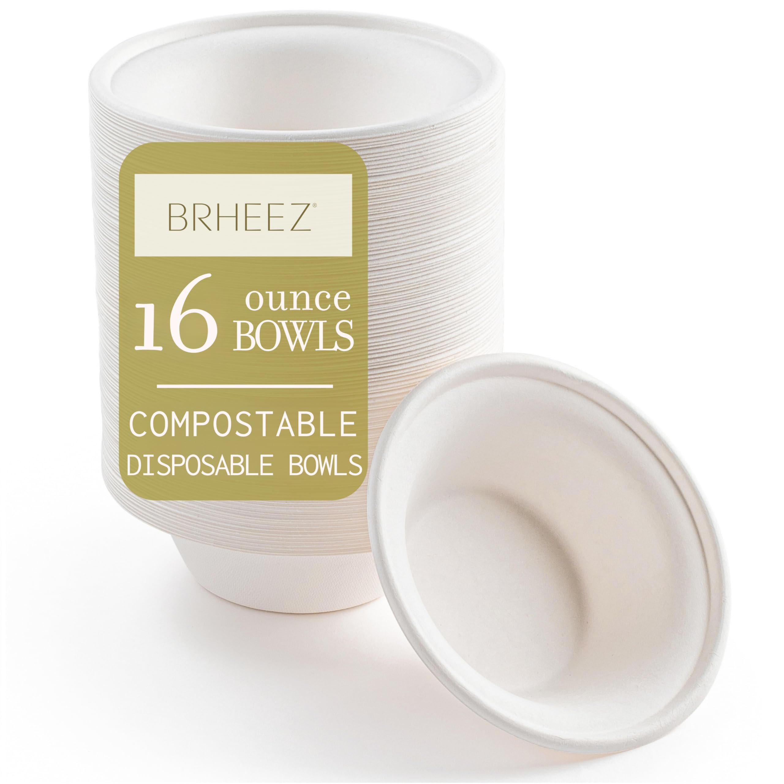 brheez 16 Ounce Disposable Bowls Paper Bowls Alternative Compostable Bowls Heavy Duty [Pack of 60] Eco-Friendly 100% Natural Sugarcane Bagasse Fiber Biodegradable