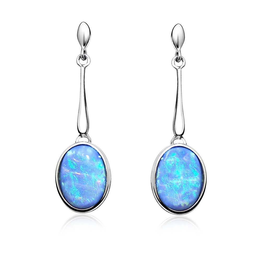 Paul Wright Created Blue Opal Dangle Earrings in 925 Sterling Silver, 10x8mm Oval, Vibrant Blue Color, on Posts