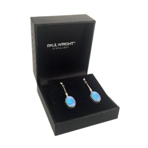 Paul Wright Created Blue Opal Dangle Earrings in 925 Sterling Silver, 10x8mm Oval, Vibrant Blue Color, on Posts