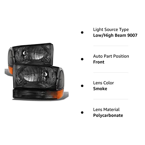 ACANII - For 1999-2004 Ford F250 F350 F450 SuperDuty Excursion Smoked Lens Headlights w/Bumper Corner Signal Lamps Pair