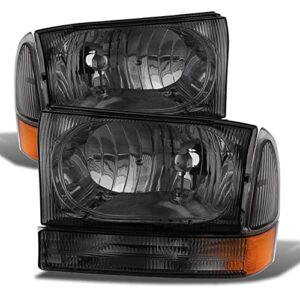 acanii - for 1999-2004 ford f250 f350 f450 superduty excursion smoked lens headlights w/bumper corner signal lamps pair