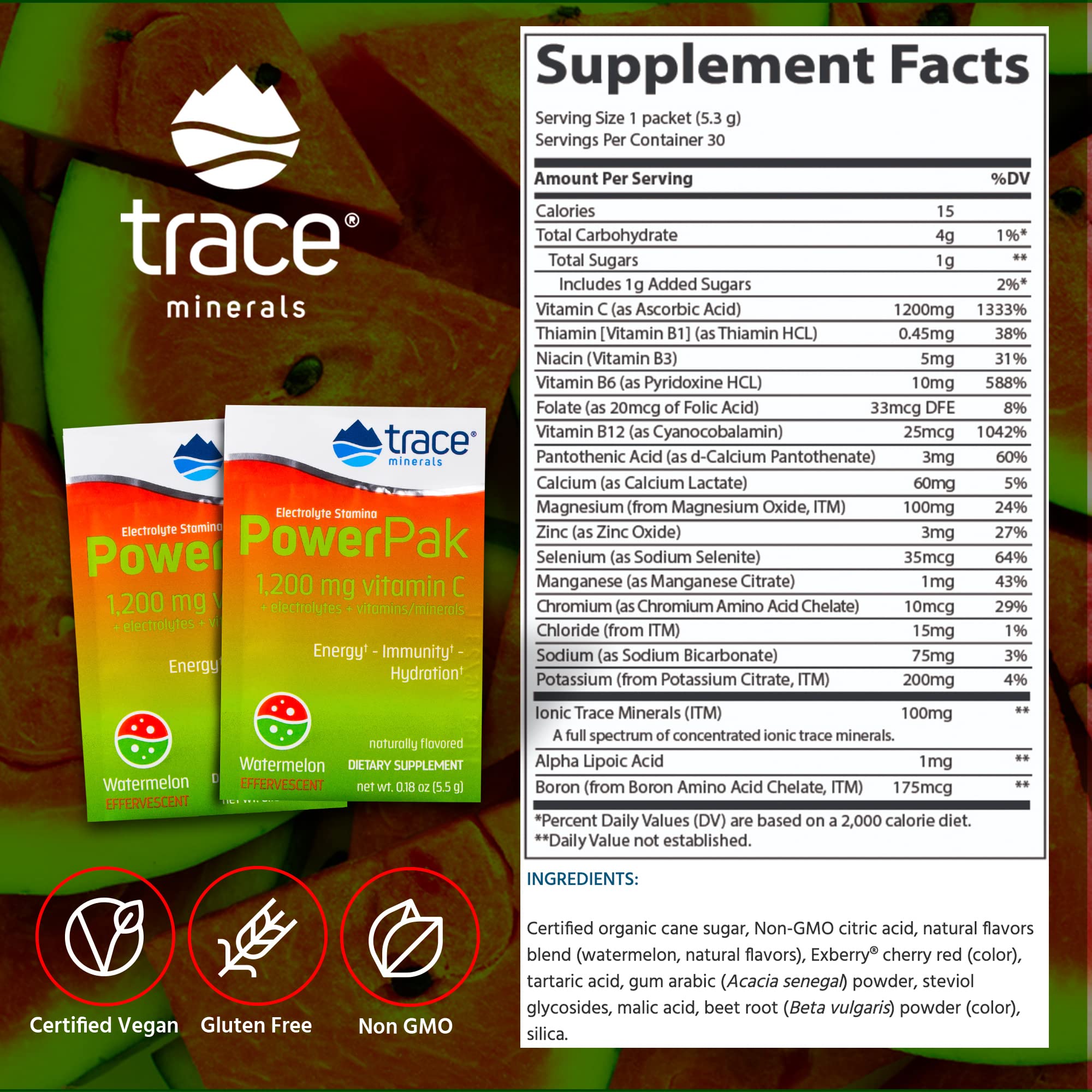 Trace Minerals | Power Pak Electrolyte Powder Packets | 1200 mg Vitamin C, Zinc, Magnesium | Boost Immunity, Hydration and Natural Energy | Watermelon | 30 Packets