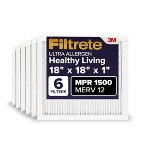 filtrete 18x18x1 ac furnace air filter, merv 12, mpr 1500, certified asthma & allergy friendly, 3 month pleated 1-inch electrostatic air cleaning filter, 6-pack (actual size 17.81x17.81x0.78 in)