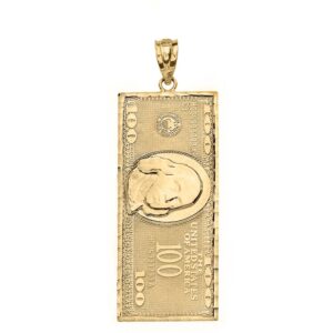 solid 10k yellow gold benjamin's one hundred dollar bill pendant (large)