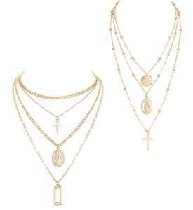 orazio 2pcs layered necklace for women cross blessed virgin mary pendant necklace chain gold tone