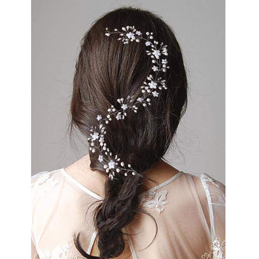 Unicra Flower Bride Wedding Hair Vine Crystal Bridal Headbands Flower Girls Headpiece Pearl Hair Accessories for Women and Girls (Silver)