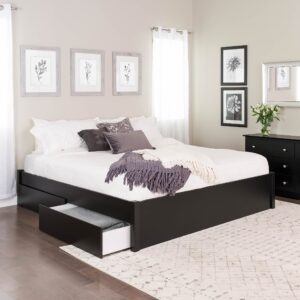 prepac select king 4-post raised platform 4-drawer storage bed, modern king storage bed with drawers 83" d x 79" w x 16" h, black, bbsk-1302-4k