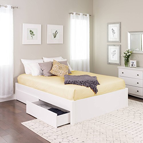 Prepac Select Queen 4-Post Raised Platform 2-Drawer Storage Bed, Modern Queen Storage Bed with Drawers 83" D x 63" W x 16" H, White, WBSQ-1302-3K