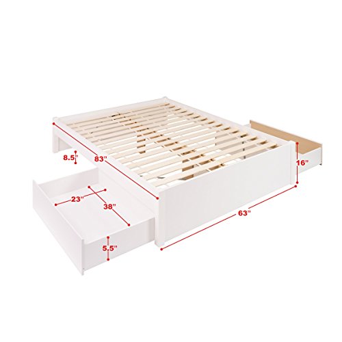 Prepac Select Queen 4-Post Raised Platform 2-Drawer Storage Bed, Modern Queen Storage Bed with Drawers 83" D x 63" W x 16" H, White, WBSQ-1302-3K