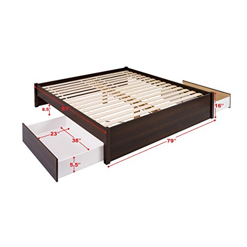 Prepac Select King 4-Post Raised Platform 2-Drawer Storage Bed, Modern King Storage Bed with Drawers 83" D x 79" W x 16" H, Espresso, EBSK-1302-3K