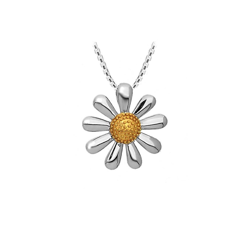 Paul Wright 925 Sterling Silver Daisy Pendant Necklace, 13mm Daisy with 18K Gold Plated Centre, 16” plus 2” Extender