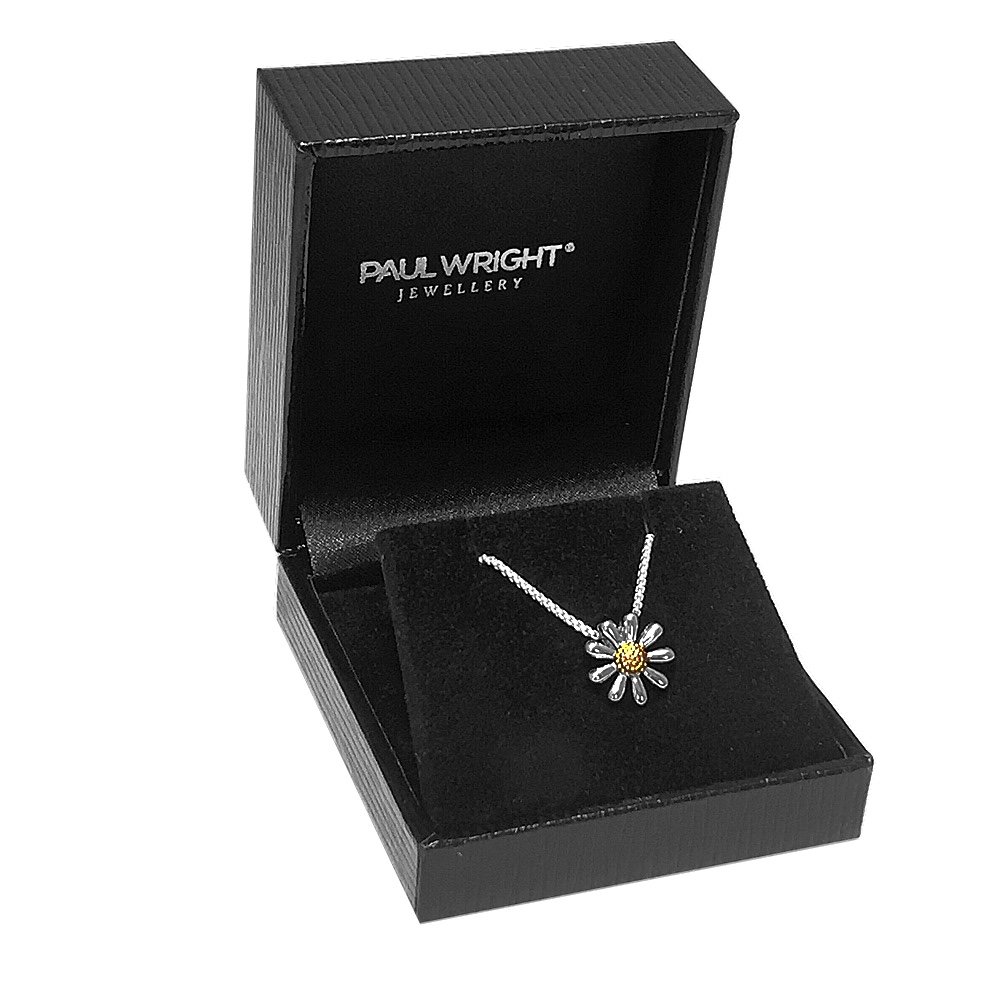 Paul Wright 925 Sterling Silver Daisy Pendant Necklace, 13mm Daisy with 18K Gold Plated Centre, 16” plus 2” Extender