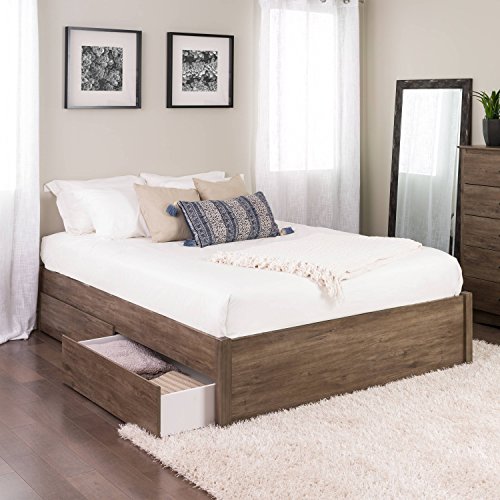 Prepac Select Queen 4-Post Raised Platform 2-Drawer Storage Bed, Modern Queen Storage Bed with Drawers 83" D x 63" W x 16" H, Drifted Gray, DBSQ-1302-3K