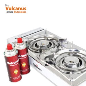 LMSD-5800 Portable double burner gas stove.26"x11.3"x5"with Vulcanus GAS-1 Butane Gas Cartridge(2-CAN)