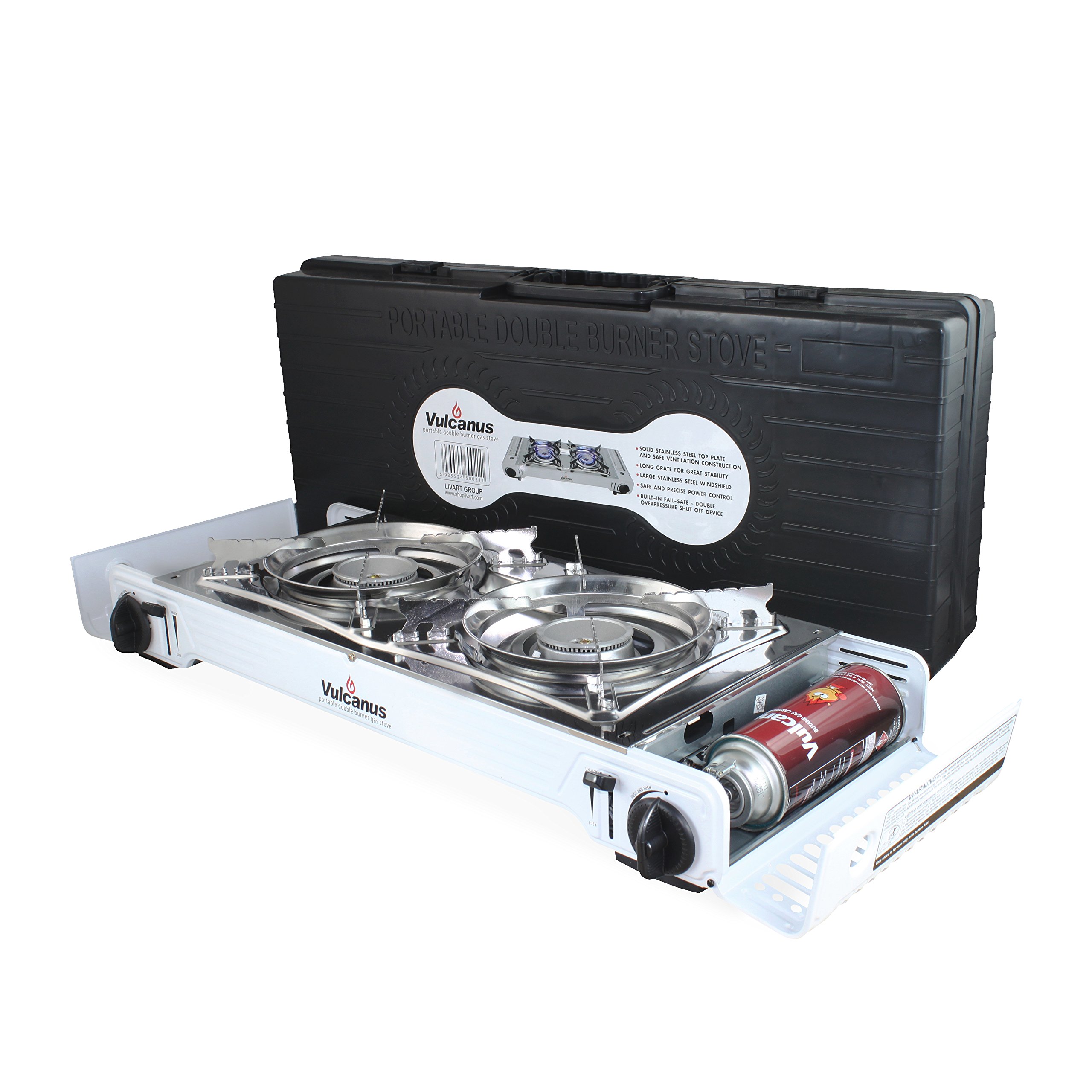 LMSD-5800 Portable double burner gas stove.26"x11.3"x5"with Vulcanus GAS-1 Butane Gas Cartridge(2-CAN)