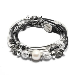 lizzy james kristy silver bracelet necklace with pearls and silver beads in natural black leather (large)