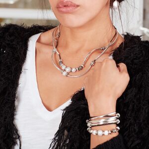 Lizzy James Kristy Silver Bracelet Necklace with Pearls and Silver Beads in Natural Black Leather (LARGE)