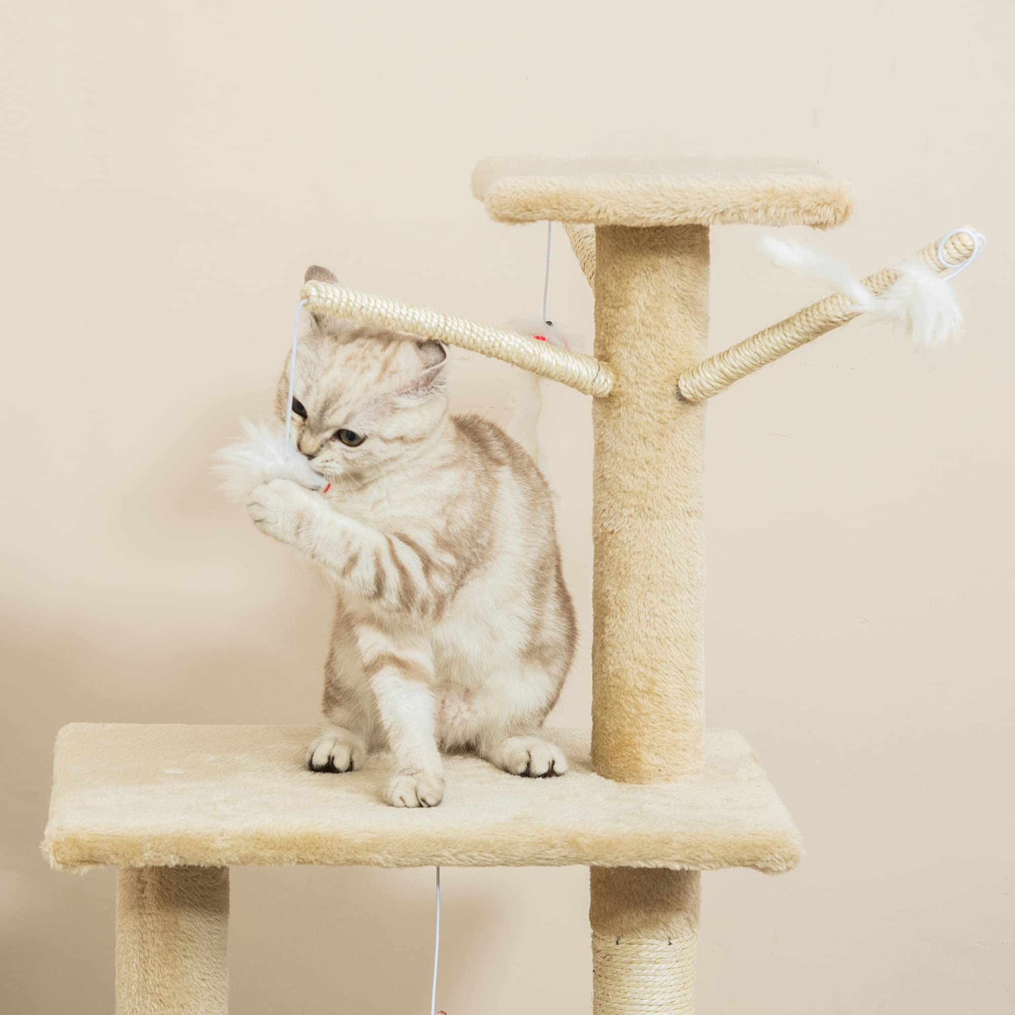 PawHut 53" Plush Sturdy Interactive Cat Condo Tower Scratching Post Activity Tree House - Beige