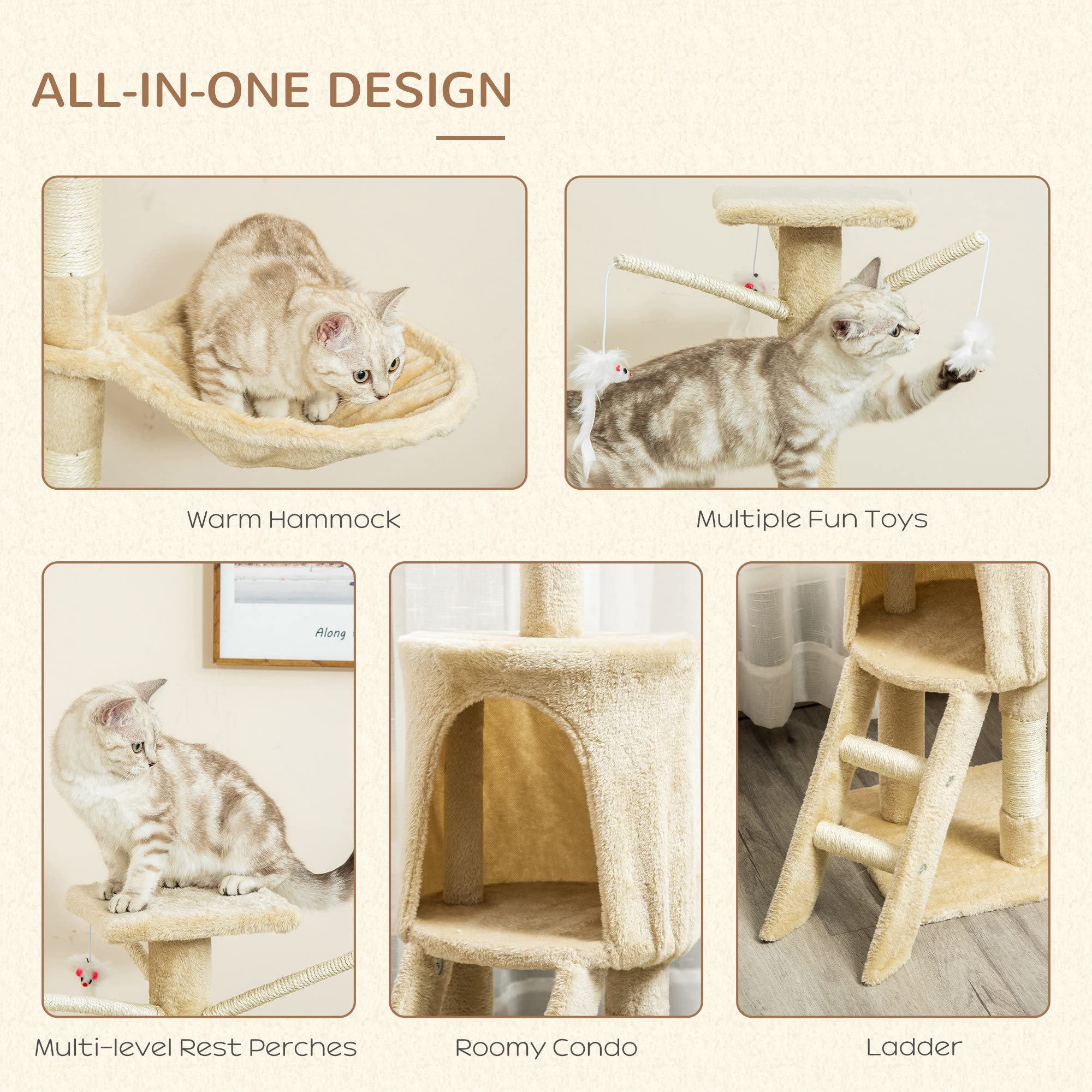 PawHut 53" Plush Sturdy Interactive Cat Condo Tower Scratching Post Activity Tree House - Beige