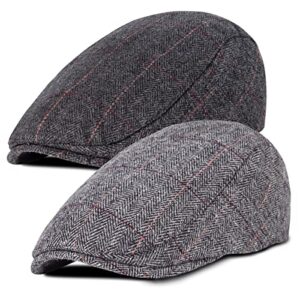 senker 2 pack men's classic herringbone tweed wool blend flat cap ivy gatsby newsboy cabbie driving hat,b-black/grey,one size