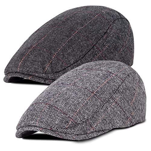 Senker 2 Pack Men's Classic Herringbone Tweed Wool Blend Flat Cap Ivy Gatsby Newsboy Cabbie Driving Hat,B-black/Grey,One Size