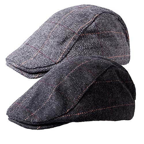 Senker 2 Pack Men's Classic Herringbone Tweed Wool Blend Flat Cap Ivy Gatsby Newsboy Cabbie Driving Hat,B-black/Grey,One Size