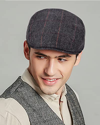 Senker 2 Pack Men's Classic Herringbone Tweed Wool Blend Flat Cap Ivy Gatsby Newsboy Cabbie Driving Hat,B-black/Grey,One Size