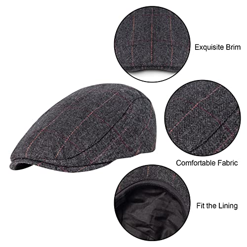 Senker 2 Pack Men's Classic Herringbone Tweed Wool Blend Flat Cap Ivy Gatsby Newsboy Cabbie Driving Hat,B-black/Grey,One Size