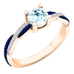 dazzlingrock collection 5mm round aquamarine with blue sapphire & white diamond criss cross shank engagement ring for her in 10k rose gold size 7