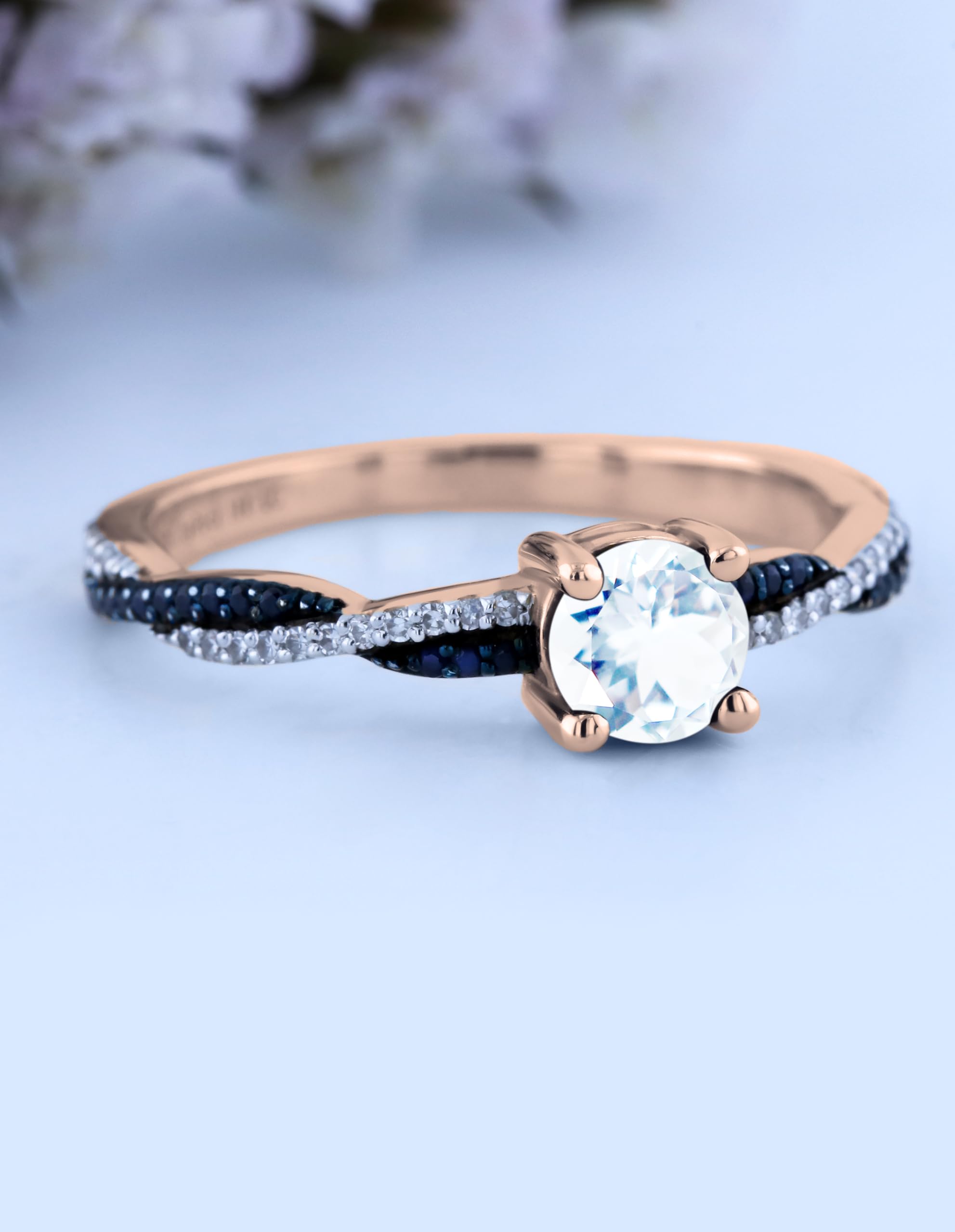 Dazzlingrock Collection 5mm Round Aquamarine with Blue Sapphire & White Diamond Criss Cross Shank Engagement Ring for Her in 10K Rose Gold Size 7