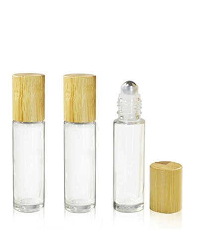 Grand Parfums 3Pcs 10mL/0.35 Oz Refillable Clear Glass Essential Oil Roll-on Bottles w/Steel or Glass Roller Balls and Bamboo Lids Empty Cosmetic Makeup Perfume Lip Gloss (3 with Glass Rollerballs)